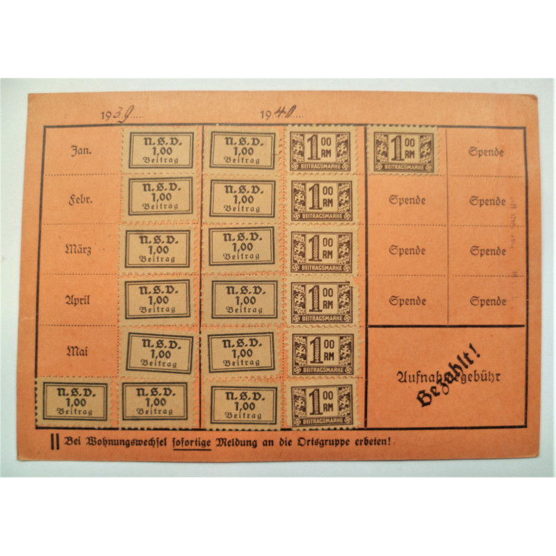 WW2 German NSV Membership Card 1939
