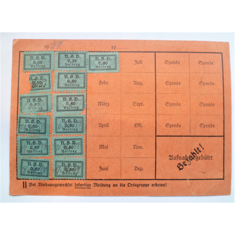 WW2 National Socialist People's Welfare NSV Membership Card Third Reich