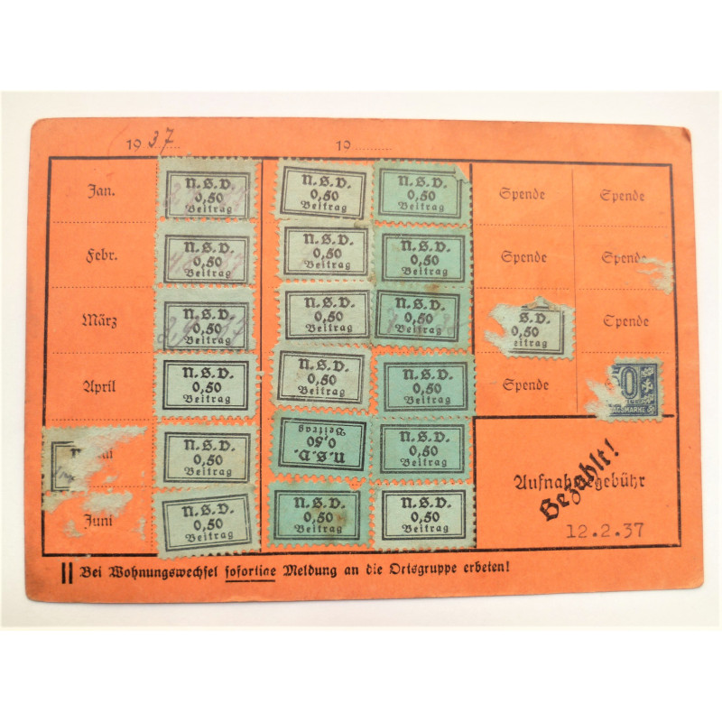 German National Socialist People's Welfare NSV Membership Card