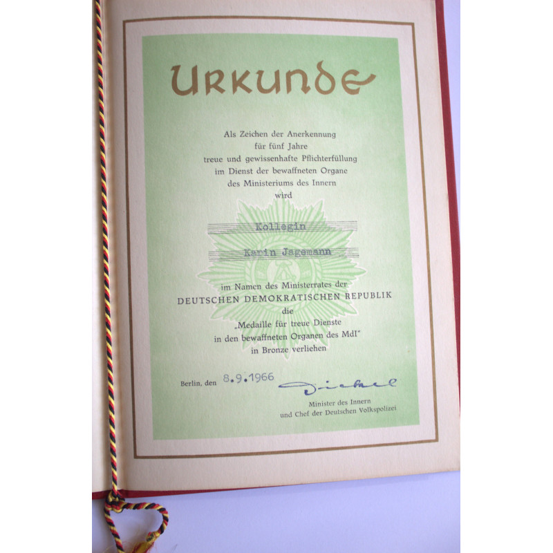 German DDR Bronze Police Medal 5 YEARS and Document