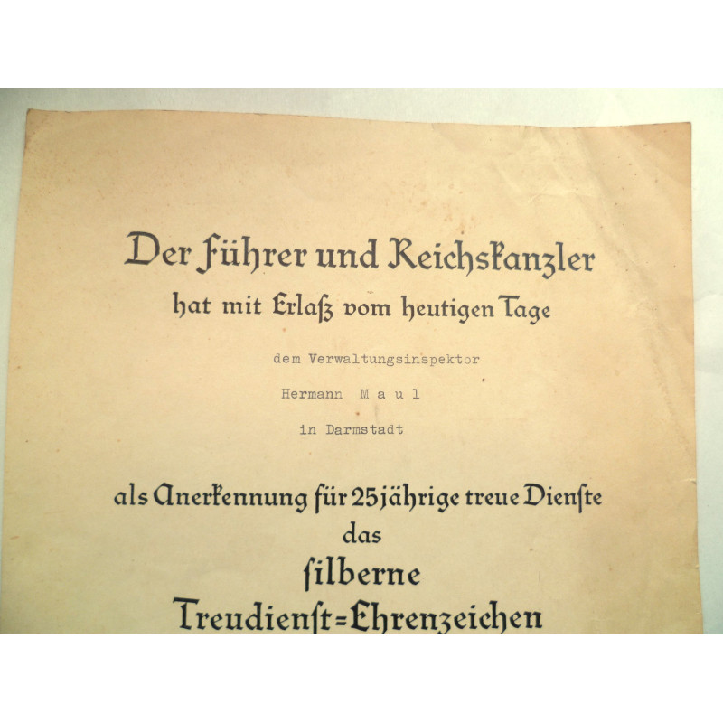 German Third Reich 25 Year Faithful Service Original Citation