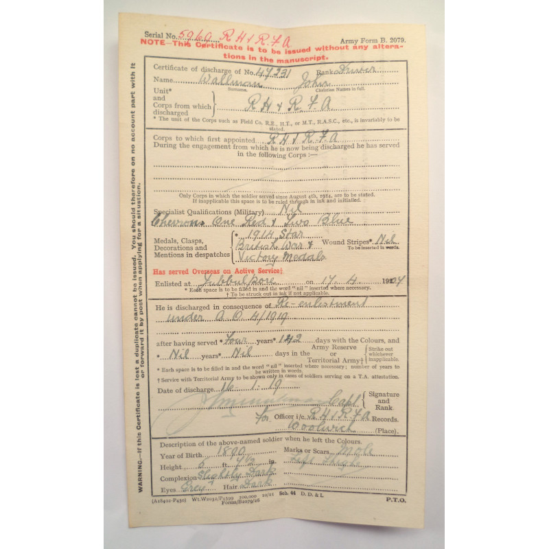 5 WW1 Documents to 49231 ohn Wallman R.F.A. 1914 star, Victory and War ...