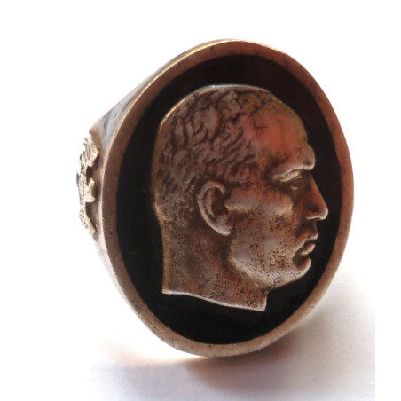 Italian Fascist Ring Mussolini in Silver & Enamel - Italian