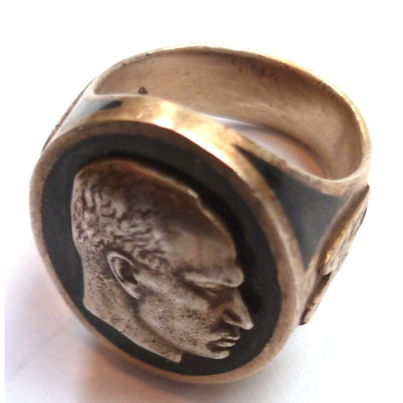 Italian Fascist Ring Mussolini in Silver & Enamel - Italian