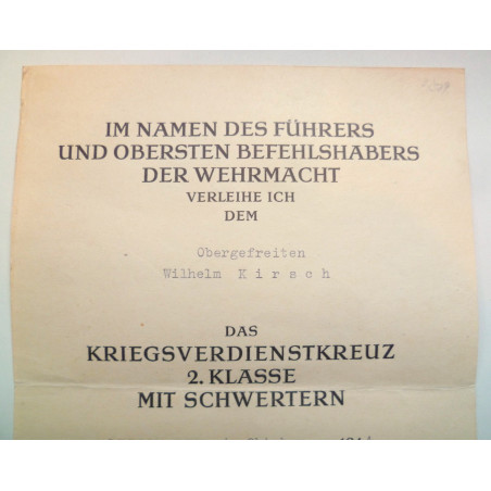 WW2 German Award Document For War Merit Cross 2nd Class With Swords ...