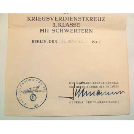 WW2 German Award Document For War Merit Cross 2nd Class With Swords ...