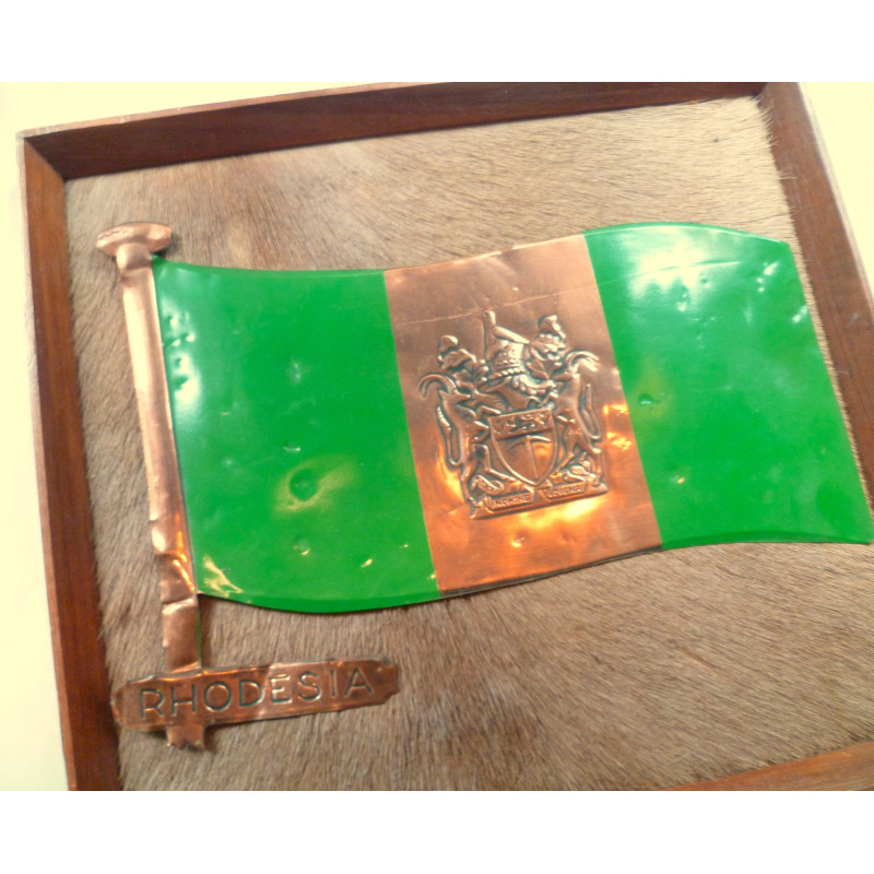 Rare Framed Copper Rhodesian Flag Mounted on Springbok fur Rhodesia