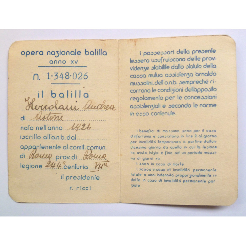 (Italy) ONB. Opera Nazionale Balilla Card + Shooting Membership