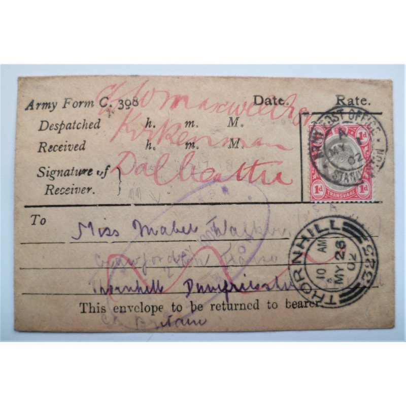 Transvaal 1902 Boer War Military Blockhouse APO Standerton Cover